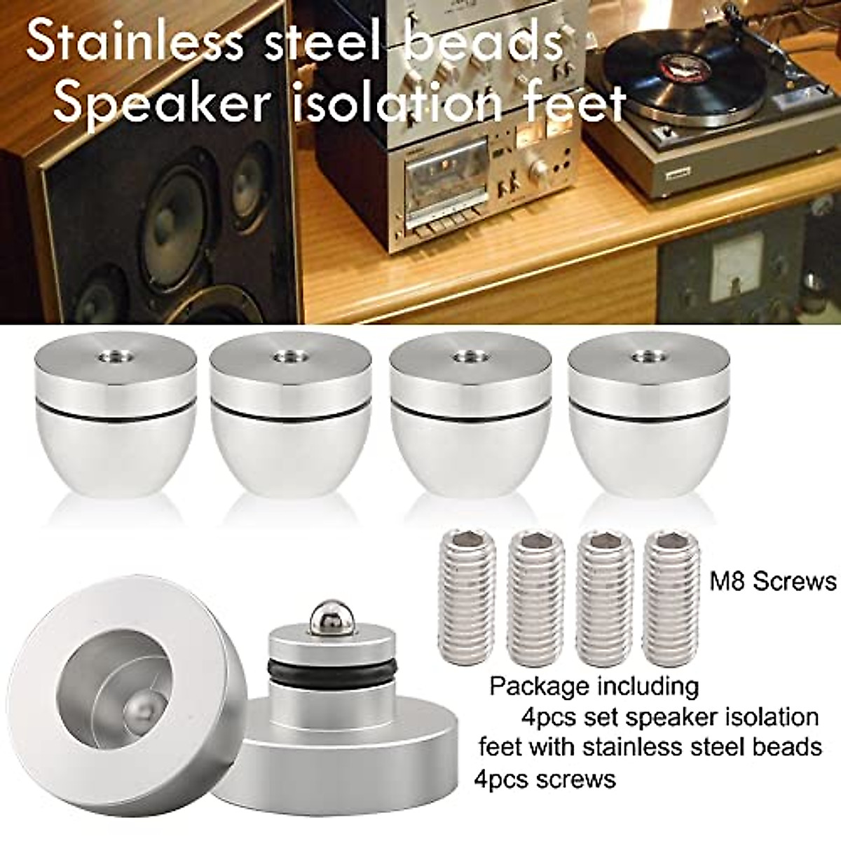 Tertullus 4 Pcs Ball Beads Speaker Isolation Feet Turntable Platform Pads Audio Shock Absorber Subwoofer Isolation Feet 33×30 Pad Speaker Stand(Silver)