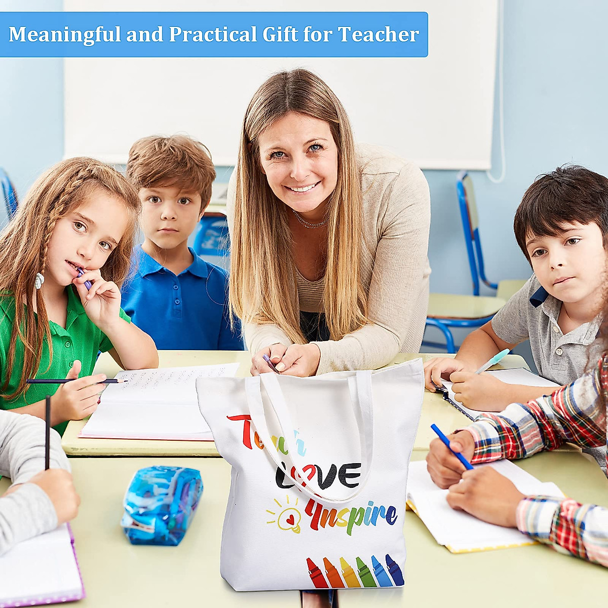 Xuniea 3 Pieces Teacher Appreciation Gift Teacher Tote Bag with Pocket Canvas Grocery Bags for Teachers Day Birthday(Cute Style)