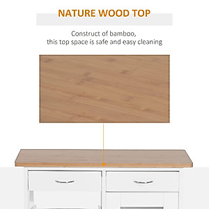 HOMCOM 28" Rolling Kitchen Island with Storage, Kitchen Cart with Solid Bamboo Top, Wire Basket,Door Cabinet and Drawers, White