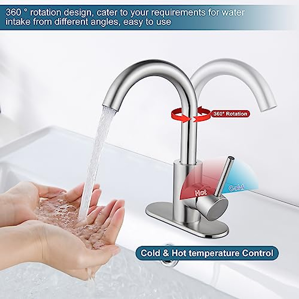 Midanya Single Handle Bathroom Sink Faucet, Wet Bar Pre-Kitchen Farmhouse RV Small Vanity Faucet with 360°Rotation Spout with Deck Plate, Supply Hoses and Drain Stopper,Brushed Nickel