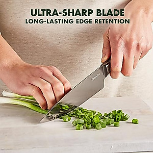 GreenPan Cutlery Knife and Cutting Board 3 Piece Set, Stainless Steel Titanium Coated Blades, Ergonomic Slip-Resistant Handles, 8” Chef’s and 5” Serrated Knife, 11” x 14” Acacia Wood Board, Gray