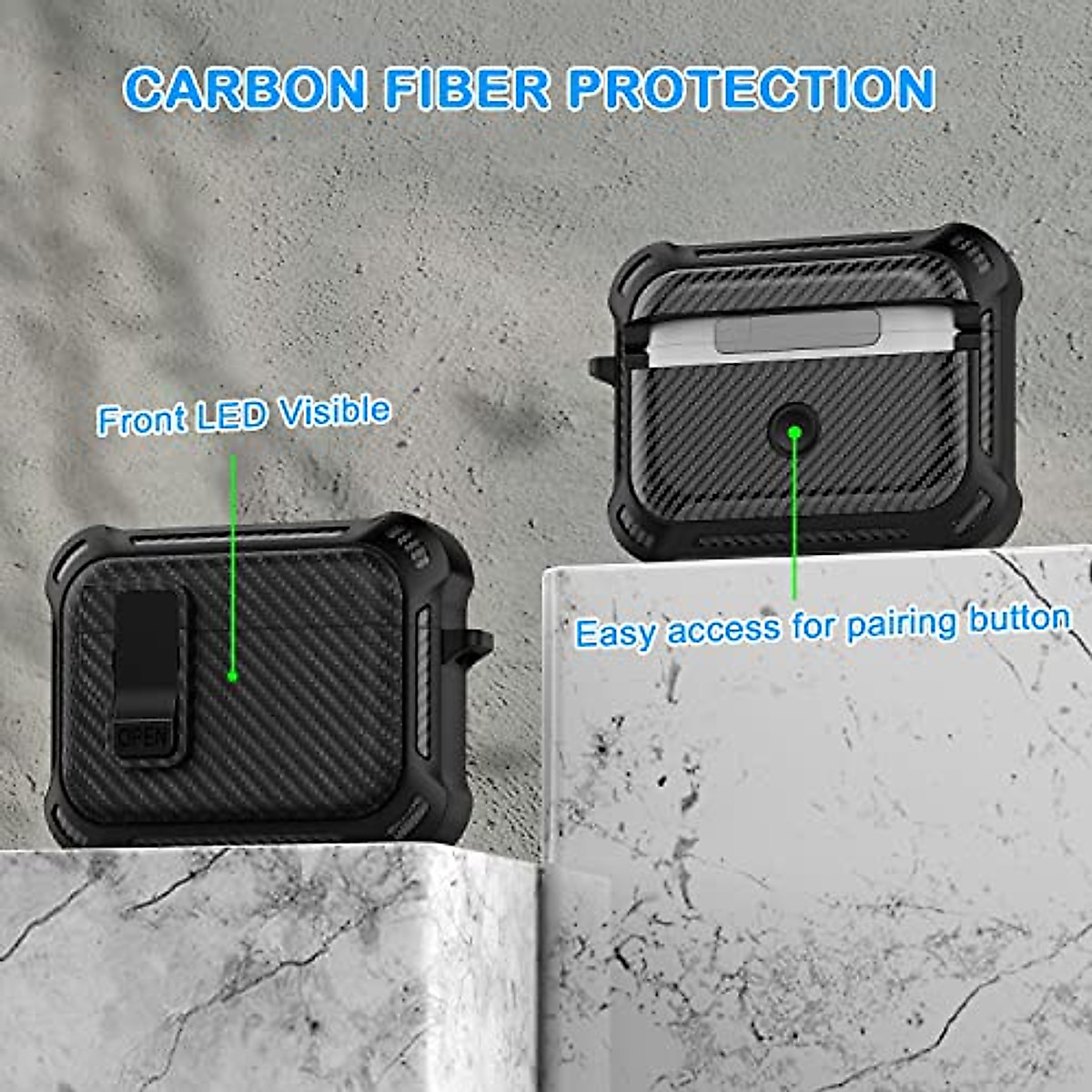 R-fun for AirPods Pro 2nd /1st Generation Carbon Fiber Case Cover with Lock,Automatic Snap Switch and Full-Body Drop Protection Case for AirPods Pro 2 -Black