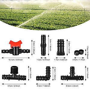 52 Pieces Drip Irrigation Fitting Kit Irrigation Barbed Connector for 1/2 Inch Tubing 4 Switch Valve, 8 Coupling, 8 Tee, 8 Elbow, 8 End Closure, 8 Plug, 8 16 to 4 Point Tee Connector