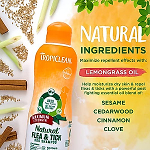 TropiClean Maximum Strength Natural Flea and Tick Dog Shampoo, Natural Flea and Tick Prevention for Dogs, Made in the USA, 20oz
