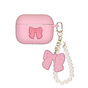 case for Airpods Pro 2nd Generation Cover, Stylish Bowknot Women Girls Kids Soft Silicone Skin Cover Protective Case with Bow Pearl Wrist Keychain for Apple Airpods Pro 2 Charging Case 2022 (Pink)