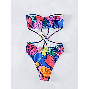 WDIRARA Women's Strapless Cut Out One Piece Swimsuit Tropical Print High Cut Swimsuit Multicolor M