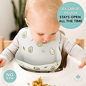 Loulou Lollipop Soft, Waterproof Silicone Feeding Bib for Babies and Toddlers 3 to 36 Months, Easy to Clean, Adjustable Fit and Catch-All Pouch - Avocado