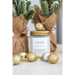 Premium Patchouli & Amber Christmas Scented Candles | 8 oz 45 Hour Long Lasting Candles for Home | Wooden Wick Candles | Holiday Candles for Bedroom, All Natural Soy Candles Scented