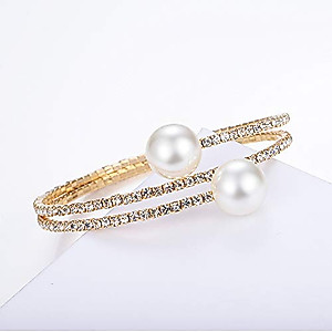 Handmade Crystal Pearl Elastic Bangle Gold Silver Multilayer Freshwater Pearl Bracelet Sparkling Stackable Crystal Bracelets for Women Wedding Jewelry
