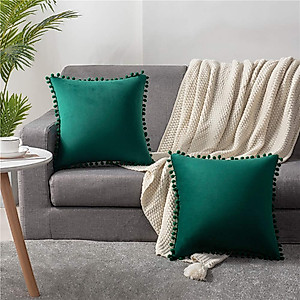 DEZENE Decorative Pillow Covers 18x18 Green: 2 Pack Cozy Soft Pom-poms Velvet Square Throw Pillow Cases for Farmhouse Home Decor