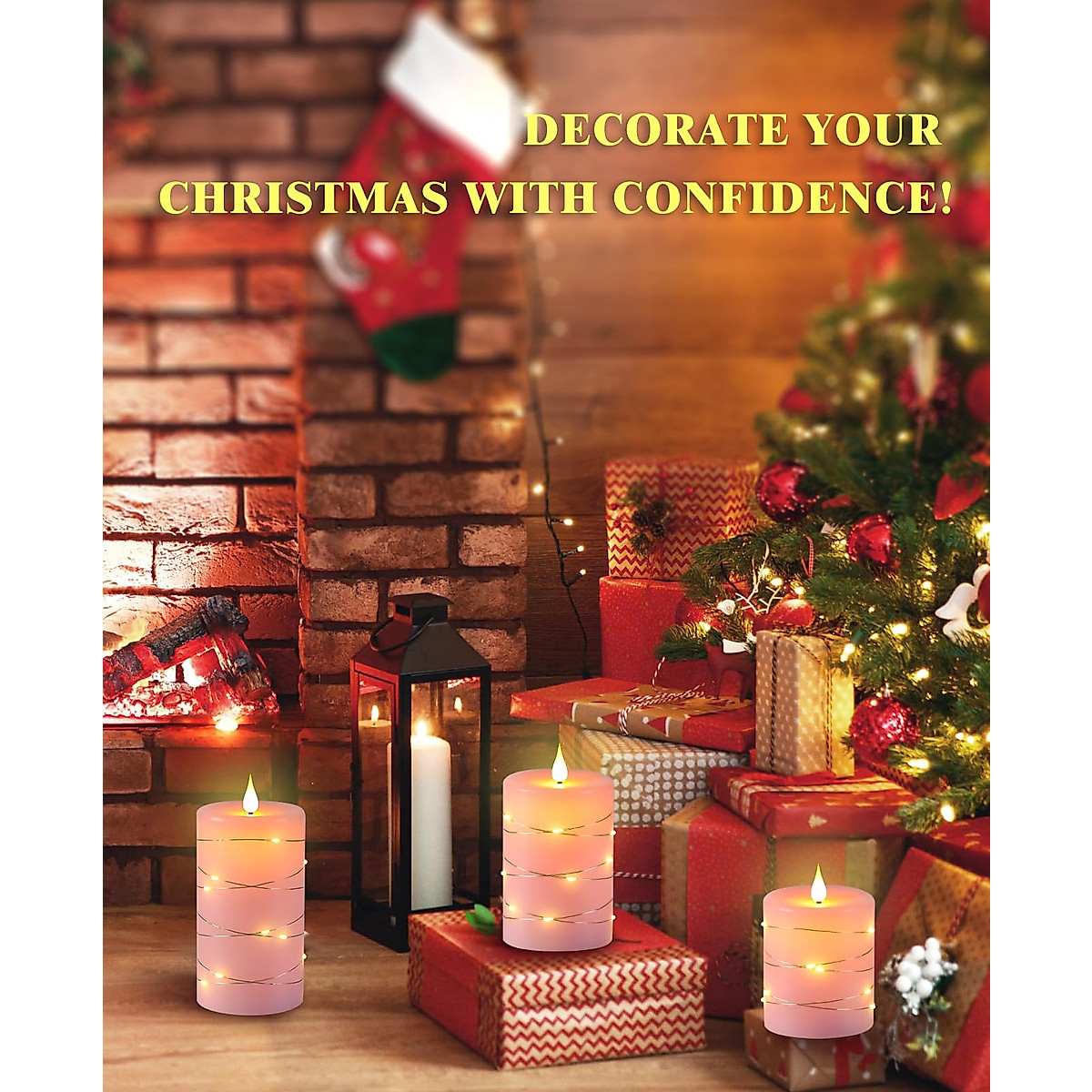 Upinmz Flameless Candle Battery with String of Lights Battery Powered LED Candle Flashing Candle with Remote Control and Timer 3 Packs (Pink)