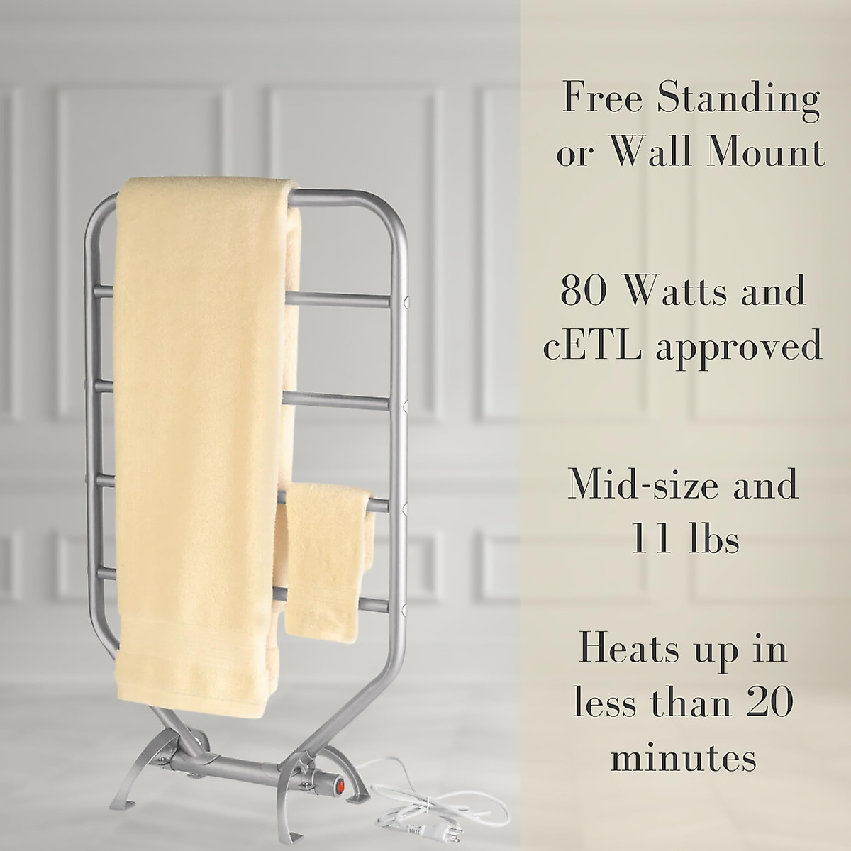 Warmrails Traditional Towel Warmer - Free-Standing or Wall Mounted Towel Warmer Rack for Drying Towels and Garments - 34-Inch Nickel Finish Frame with 4 Bars - Model RTS