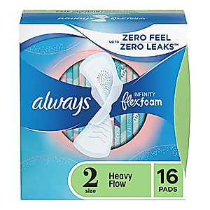 Always Infinity Feminine Pads For Women, Size 2 Heavy Flow Absorbency, With Flexfoam, With Wings, Unscented, 16 Count