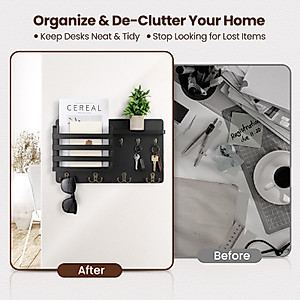 Nekon Mail Holder for Wall Mail Organizer with Key Hooks Hallway Farmhouse Decor Letter Sorter Made of Natural Pine with Floating Shelf and Flush Mount Hardware (16.8Inch x 10Inch x 3.2Inch) (Black)