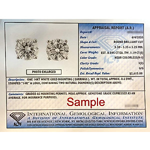 IGI Certified 1 1/10 Carat Natural Diamond Round Stud Earrings for Women I 14k White Gold Earrings I Very Shinny, cttw 4-Prong Basket I Screw Back Earrings Made in USA by Beverly Hills Jewelers