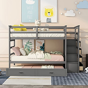 Twin Over Twin Bunk Bed with Twin Size Trundle, Solid Wood Bunk Beds with 4 Storage Drawers, Staircase and Safety Guard Rail, No Box Spring Needed (Gray)