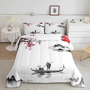 Japanese Ukiyoe Theme Comforter Set Hokusai Pattern Bedding Set Japanese-Style Comforter White Quilted Duvet Set for Kids Boys Girls Full