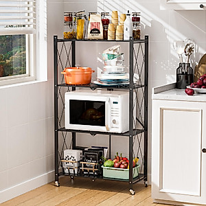 GARPROVM Foldable Storage Shelf Metal Rock Storage Shelving Units Organizer Shelves with Wheels Great for Home Garage Kitchen Bakers, Black (4 Tier)