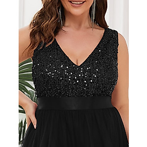 Ever-Pretty Womens Double V Neck A Line High Low Sequin Tulle Plus Size Formal Dresses for Curvy Women Black US20