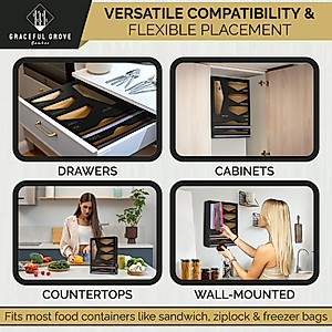 Graceful Grove Bamboo Food Bag Organizer: Kitchen Drawer Organizer with Wrap Dispenser and Cutter - Foil and Plastic Wrap Holder - Fits Gallon, Quart, Sandwich, Snack Bags, and 12" Rolls (Black)