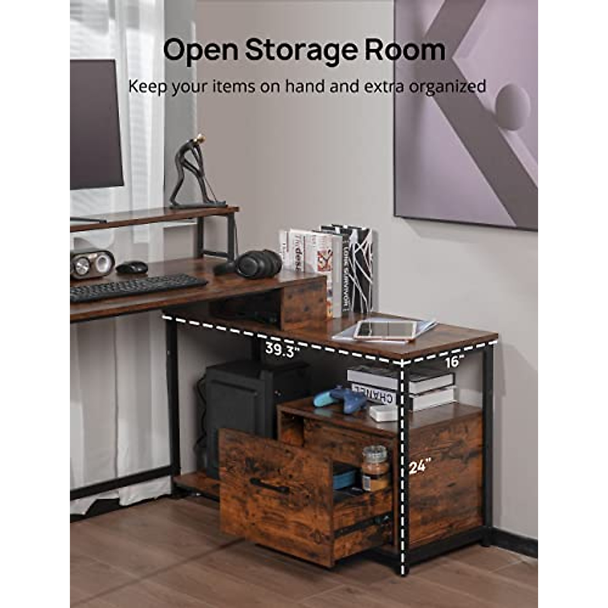 AMNOOL L Shaped Office Desk Home Office Computer Desk with Power Socket and LED Light Strip Gaming Desk with File Drawer Corner Desk with Monitor Stand and Printer Storage Rack