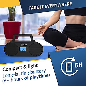KLIM Boombox B4 CD Player Portable Audio System + AM/FM Radio with CD Player, MP3, Bluetooth, AUX, USB + Wired & Wireless Mode, Rechargeable Battery + Remote Control, Autosleep, Digital EQ + New