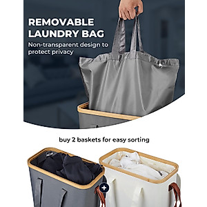 yamagahome Slim Laundry Basket with lid, Collapsible Narrow Laundry Hamper with Removable Washable Laundry Bag, Thin Hamper Storage Basket Made of Bamboo and Oxford for Bedrooms, Bathroom, RV, 52L