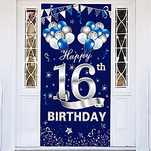 Blue Silver 16th Birthday Door Banner Decorations, Happy 16 Birthday Door Cover Sign Party Supplies for Boys, Sweet 16 Year Old Birthday Photo Booth Backdrop Decor