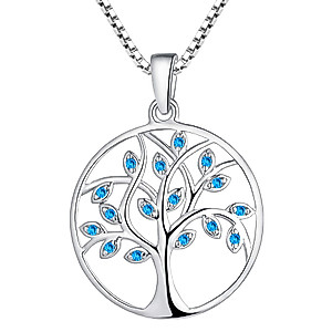 YL Tree of Life Necklace Sterling Silver Created Aquamarine Pendant Round Family Giving Jewelry