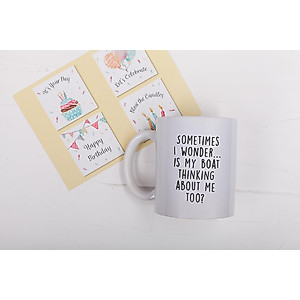 Gelid Sometimes I Wonder Is My Boat Is Thinking About Me Too - Funny Boat Captain Gift Idea for Men, Him, Husband - Best Nautical Sailor Birthday Present for Dad - 11oz White Coffee Mug Tea Cup