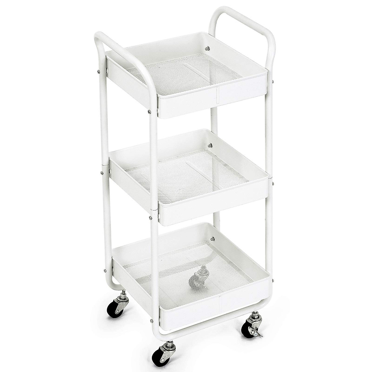 3-Tier Metal Utility Rolling Cart, Bathroom Supply Carts with Handles and Roller Wheels, Trolley Organizer for Kitchen Home Bedroom Office, White