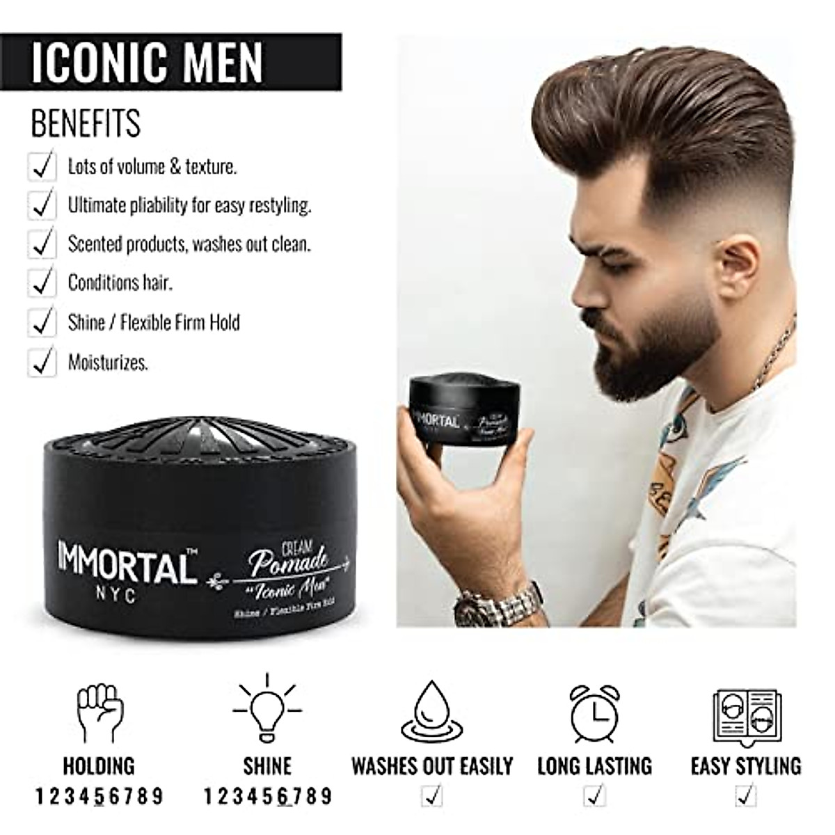 IMMORTAL NYC Hair Styling Pomade - Iconic Man, Flexible Medium Hold, Low Shine Pomade - Mens Water Based, No Residue Hair Balm - All Natural Pomade Cream for All Hair Types