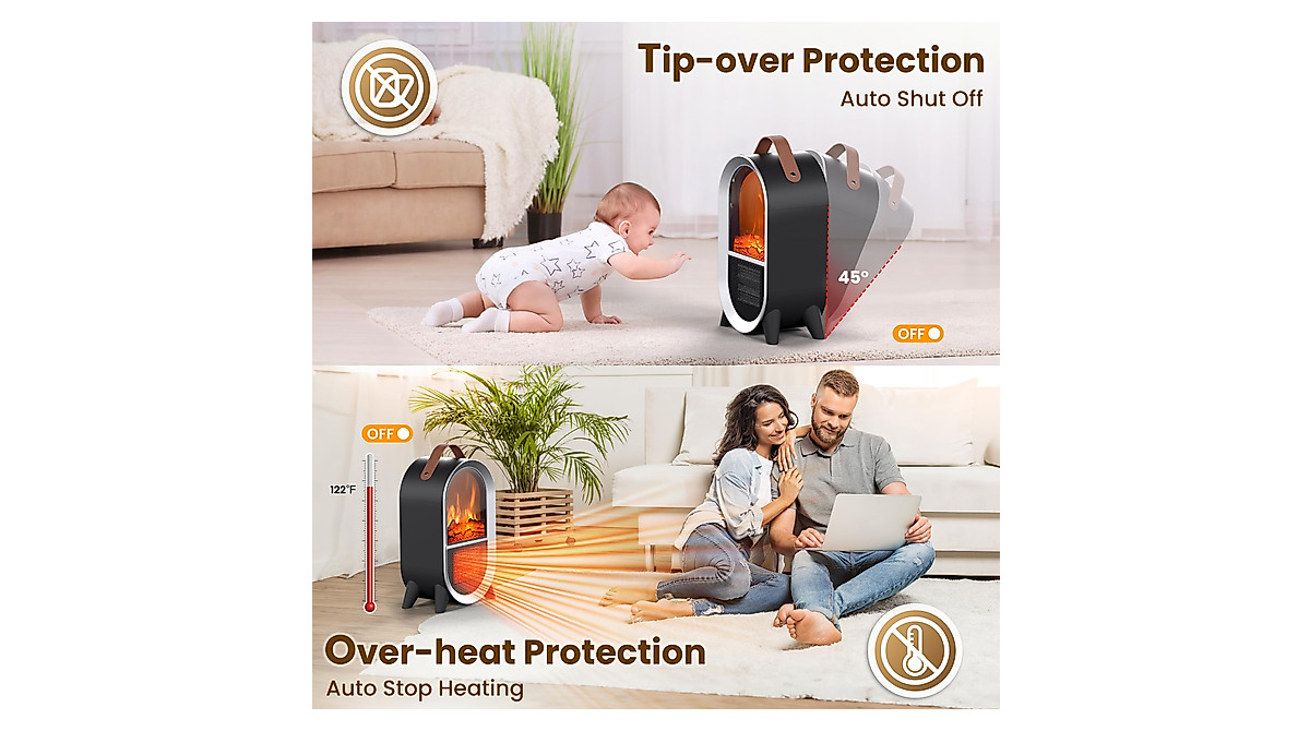 Riseon Small Space Heater - 1500W with 3D Flame Effect