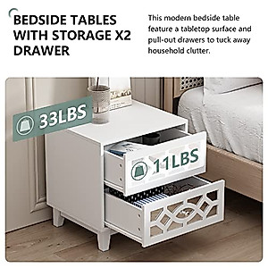 DiDuGo Nightstand with 2 Mirrored Drawers Set of 2, Wood End Table Bedside Table with Storage, Contemporary Style, Wooden Legs, for Bedroom White (18.9”W x 15.7”D x 19.7”H)