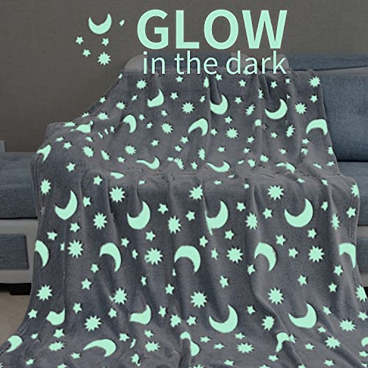 QH Seamless Star & Moon Gray Glow in The Dark Throw Blanket Luminous Blanket-Fun, Cozy Fleece Throw Blanket Made for Great Gifts 60in x 50in