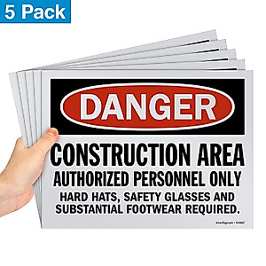 SmartSign 5-Pack 9" x 12" 'Construction Area, Authorized Personnel Only, Hard Hats/Safety Glasses Required' OSHA Signs, Screen Printed, 10 mil Polystyrene Plastic, Red/Black/White, USA-Made