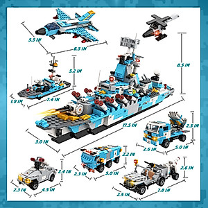 WishaLife 6 IN 1 City War Military Battleship Toy Building Blocks Set, with Army Truck Toys, Car Toys, boat Toy, Airplane Toy, Helicopter Toy, WW2 Construction Toys Gift for Kids Boys Girls Age 6 Plus