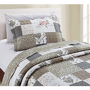 Brilliant Sunshine Roses and Toile Quilt Set, 2-Piece Bedding Sets with 1 Sham, Patchwork Design, Washable and Reversible Bedspread, Soft Lightweight Coverlet, All-Season, Twin/Twin XL, Rose Grey