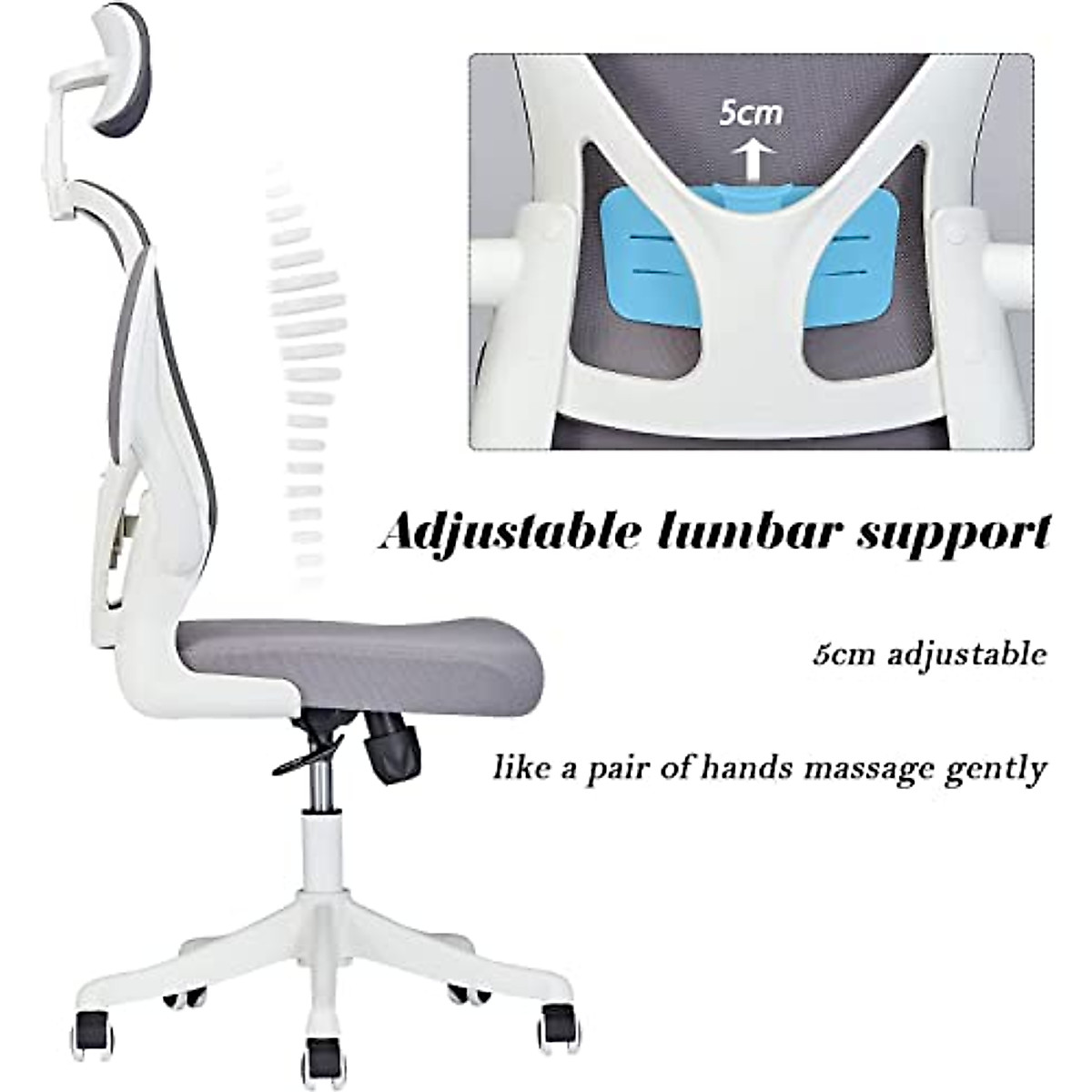 Moppson Ergonomic Office Chair, High Back Desk Chair,360-Degree Swivel,Adjustable Height with Flip-Up Arms,Tilt Function,Cushion for Lumbar Support Office Chair (White)