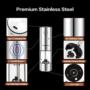 Advanfam Upgraded Larger Capacity Electric Salt Pepper Grinder Stainless Steel Pepper Grinder with LED Light, Rechargeable Automatic Salt or Pepper Mill Features Adjustable Coarseness