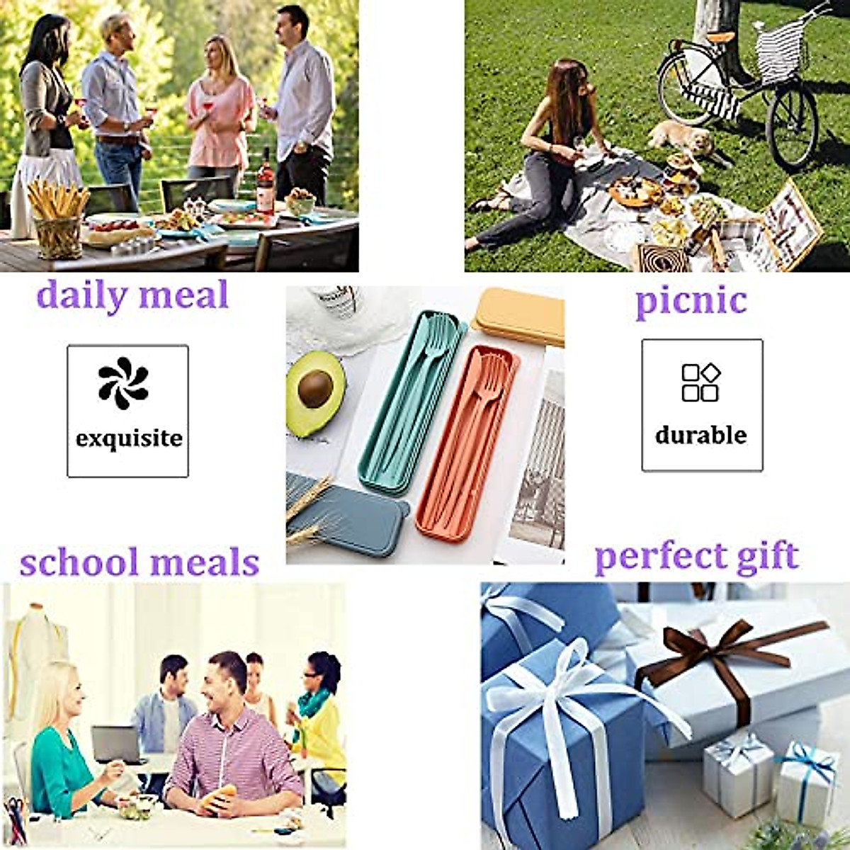 WJINGS 4 Sets Wheat Straw Cutlery, Portable Cutlery Set, Reusable Travel Flatware Set, for Lunch Boxes Workplace Camping School Picnic or Daily Use (Green, yellow, orange, blue)