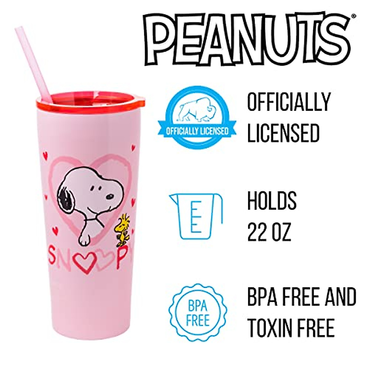 Silver Buffalo Peanuts Snoopy Woodstock Hearts Double Walled Stainless Steel Tumbler w/Straw, 22 Ounces