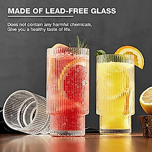 Gencywe 8 Pack Drinking Glasses, 4pcs Highball Glasses (11oz) & 4pcs Rocks Glasses (6oz), Vintage Glass Cups, Elegant Ribbed Glassware, Iced Coffee Glasses, Glass Tumbler for Cocktail, Whiskey, Juice