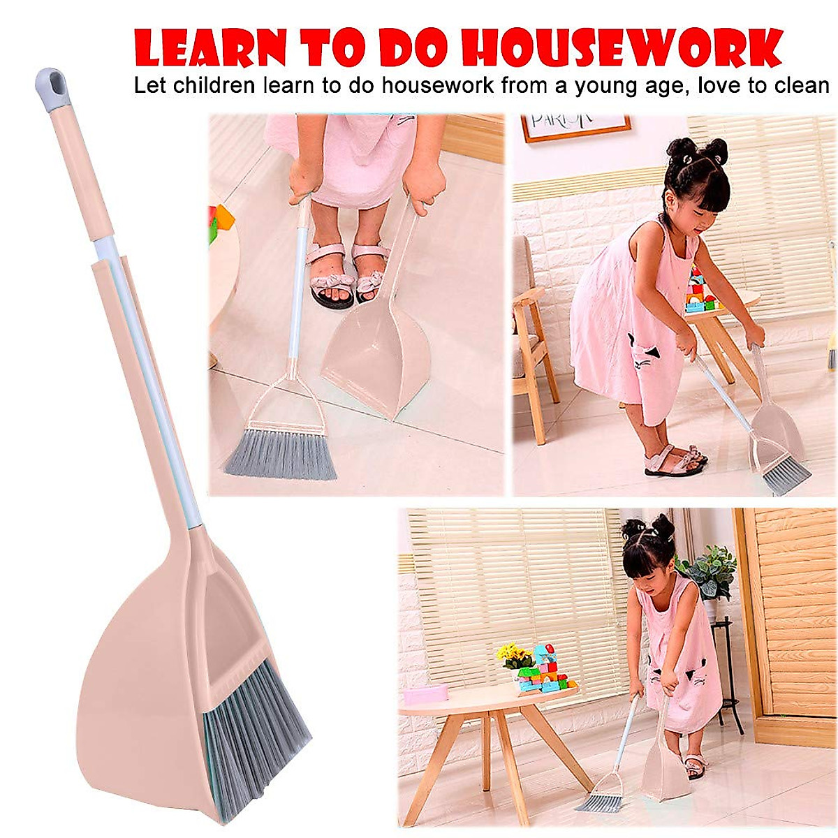 Toxz Kid's Housekeeping Cleaning Tools Set-3pcs, Small Mop Small Broom Small Dustpan,Adjustable Length,Labor-Saving,Suitable for Childs, Fabric