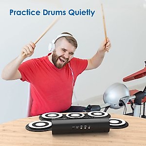 7 Pads Electronic Drum Set, Roll Up Drum Practice Pad Midi Drum Kit with Headphone Jack Built-in Speaker Drum Pedals Drum Sticks 10 Hours Playtime（White)