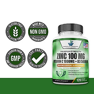 Zinc 100mg, Vitamin C 1000mg, Vitamin D 5000IU per Serving, Immune Support for Adults, Immune System Booster Supplements, Non GMO, No Filler, No Stearate, 120 Vegan Capsules, 60 Day Supply
