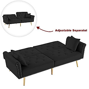 HUAYICUN Loveseat Convertible Sleeper Sofa, Modern Velvet Futon Sofa with 2 Pillows, Modern Armchair Accents Couch Metal Legs Lounge Chairs for Living Room