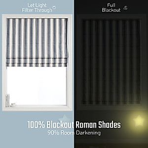 Everyday Celebration Roman Shades for Windows, 100% Blackout Shades, Cordless Pull Down Window Shades, Vertical Stripe Shades for Indoor Windows, Woven Fabric Blinds & Shades, 34" W X 64" H, (Blue)