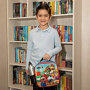 AI ACCESSORY INNOVATIONS Super Mario Bros Lunch Box Set for Boys & Girls, Stainless Steel Water Bottle with Carabiner Clip and Ice Pack, Insulated & Waterproof Lunch Bag with Zipper, 4 Pieces