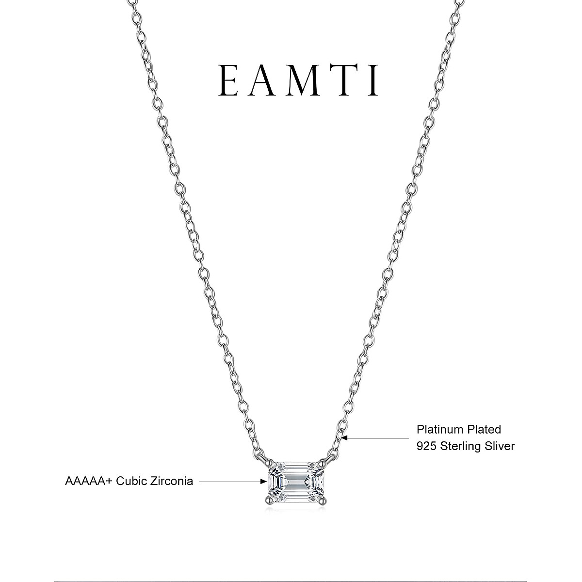 EAMTI 925 Sterling Silver Necklaces for Women Emerald Cut White Gold Plated Dainty Necklace Solitaire 1 Carat Cubic Zirconia Pendant Necklace